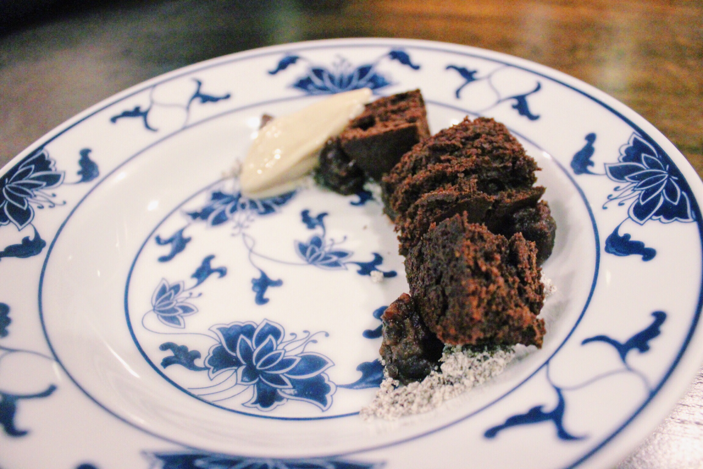 Miso chocolate cake with soy milk-black tea ice cream, sesame, and ...