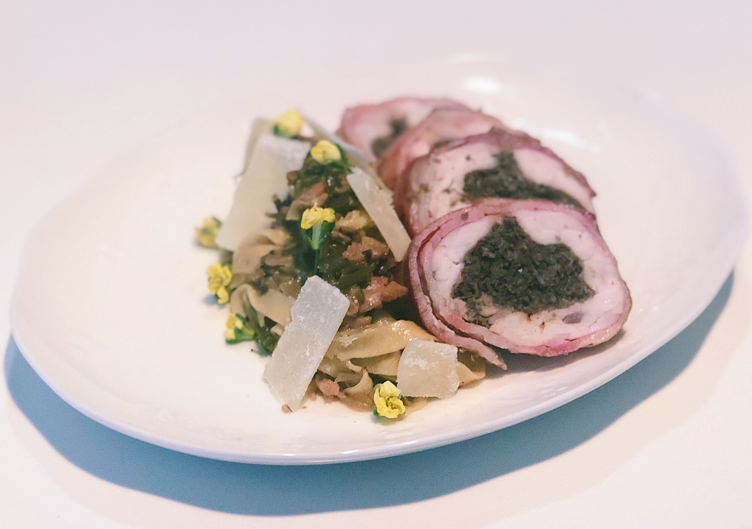 Bacon-wrapped rabbit roulade with mushroom pappardelle – Freddy's Harajuku